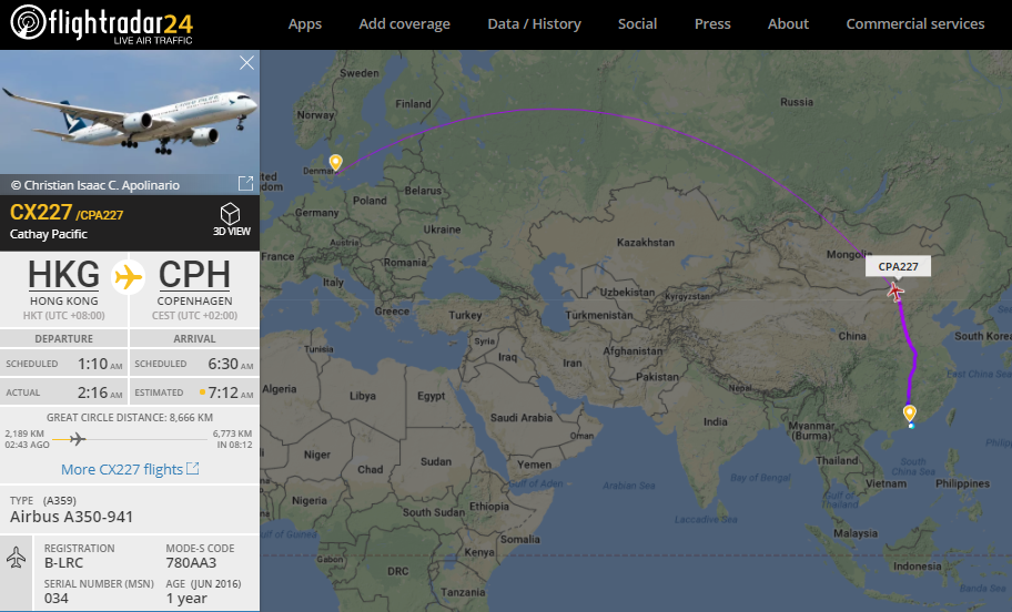 InsideFlyer DK - Cathay Pacific - CX227 på vej til København - May 1st 2018 - InsideFlyer DK